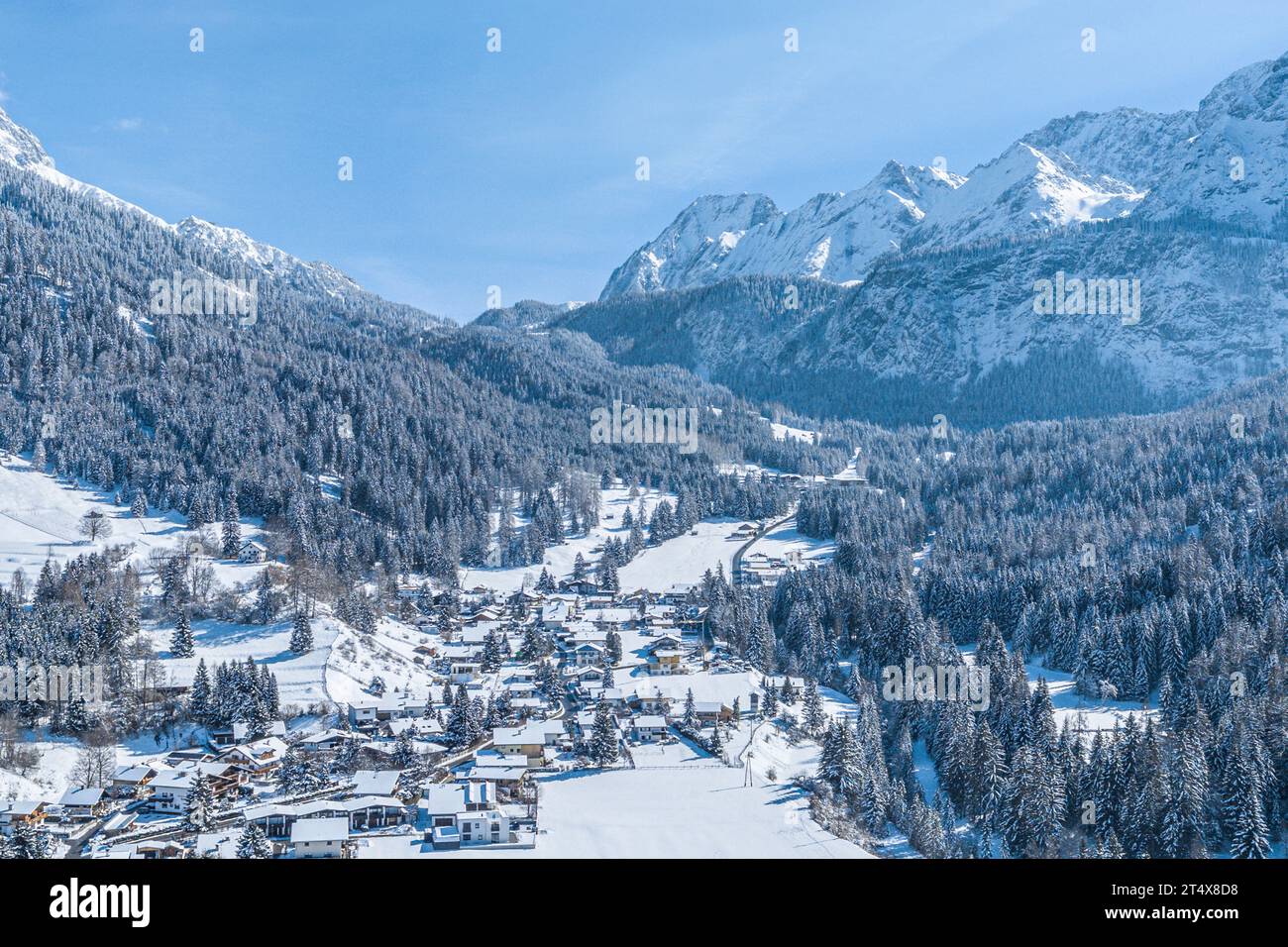 Aerial view to Ehrwald, a ski resort in the Tyroler Zugspitz Region in ...