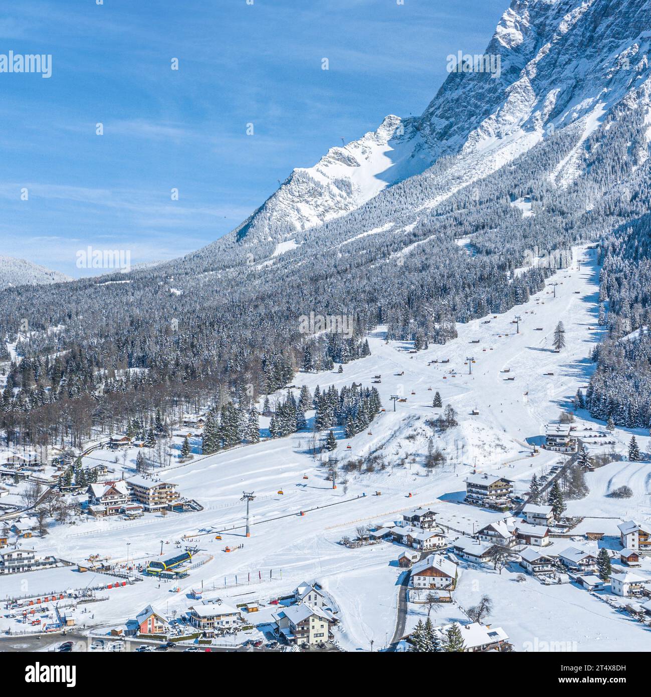 Aerial view to Ehrwald, a ski resort in the Tyroler Zugspitz Region in ...