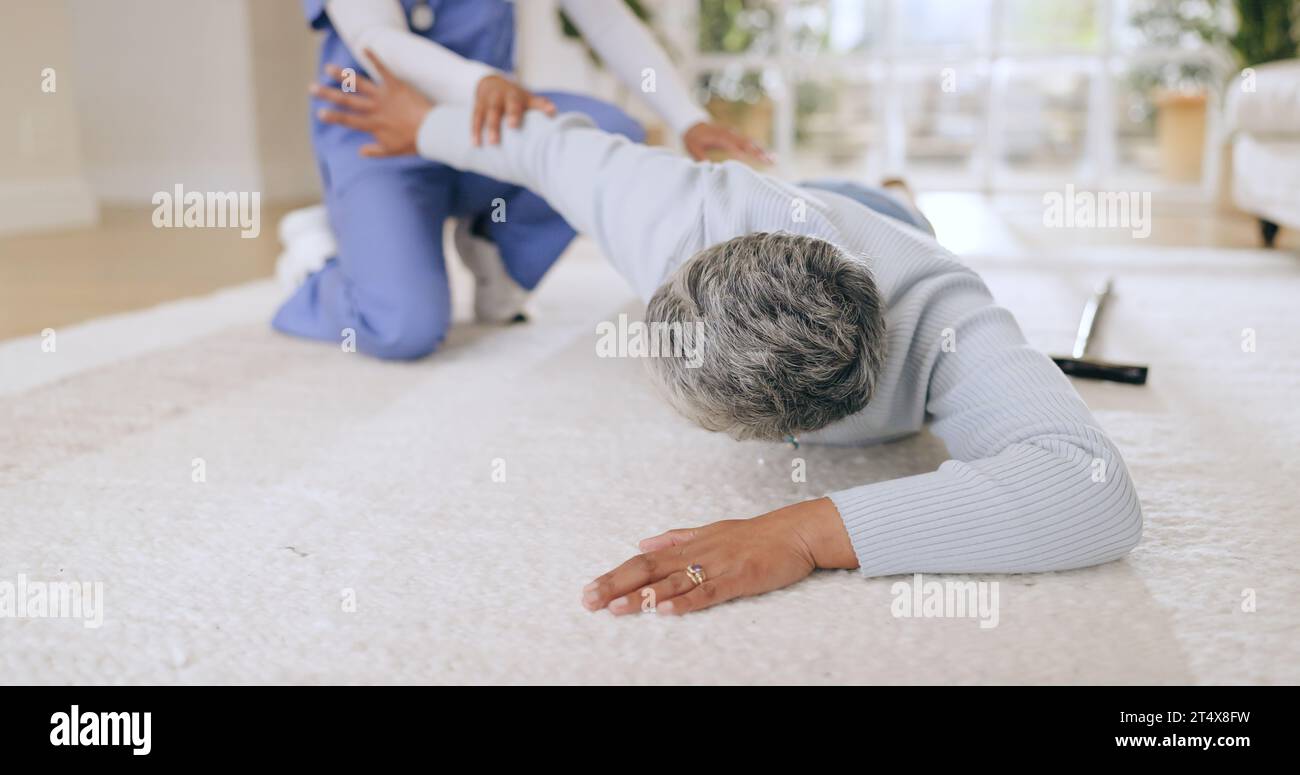 Fall, accident and senior patient with nurse health in a hospital with ...