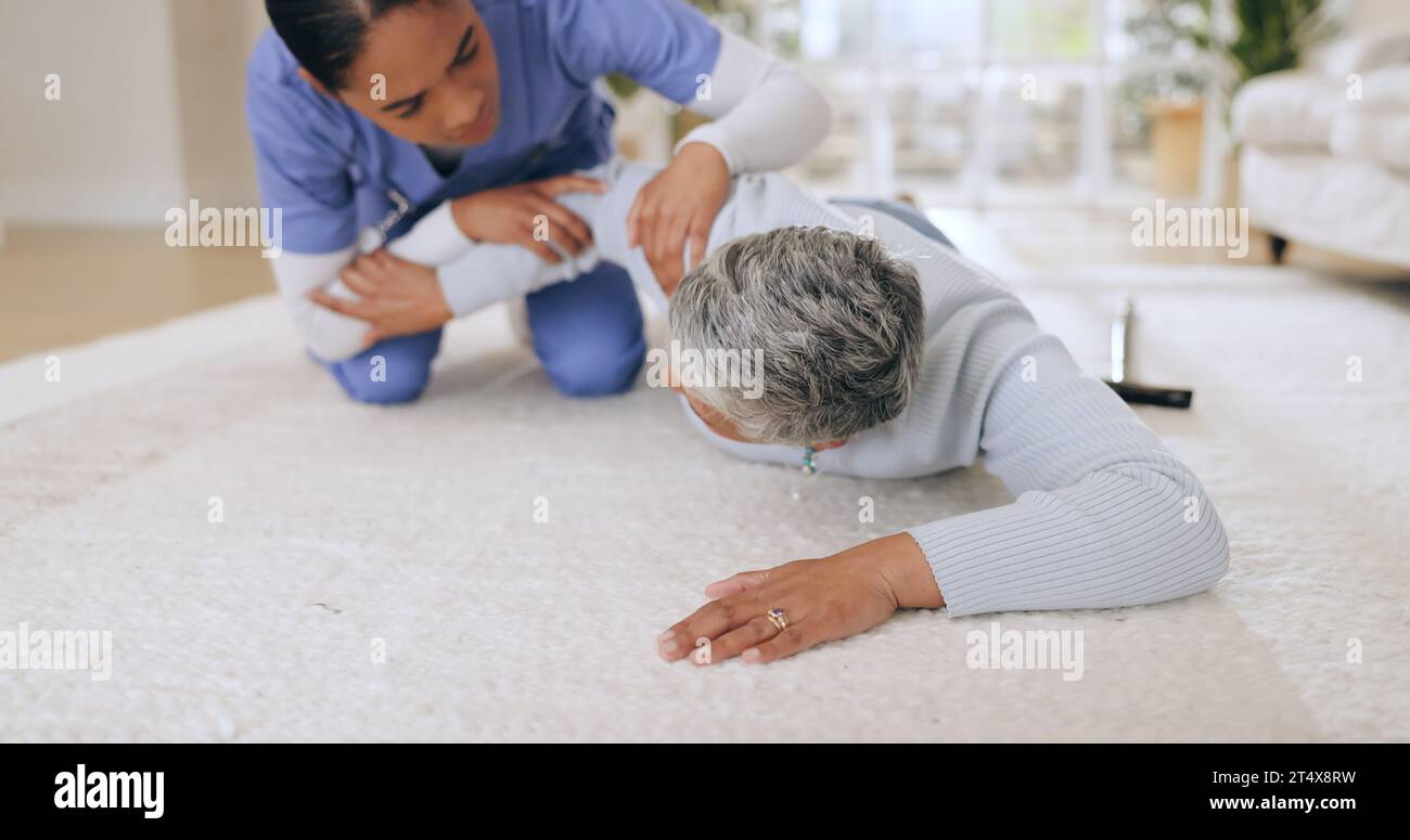 Fall, accident and senior patient with helping in a hospital with ...