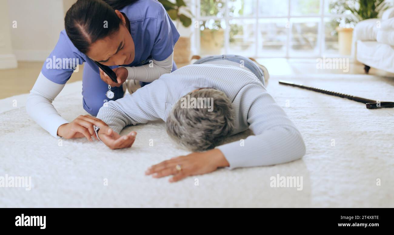 Fall, accident and senior patient with nurse and checking in a hospital ...