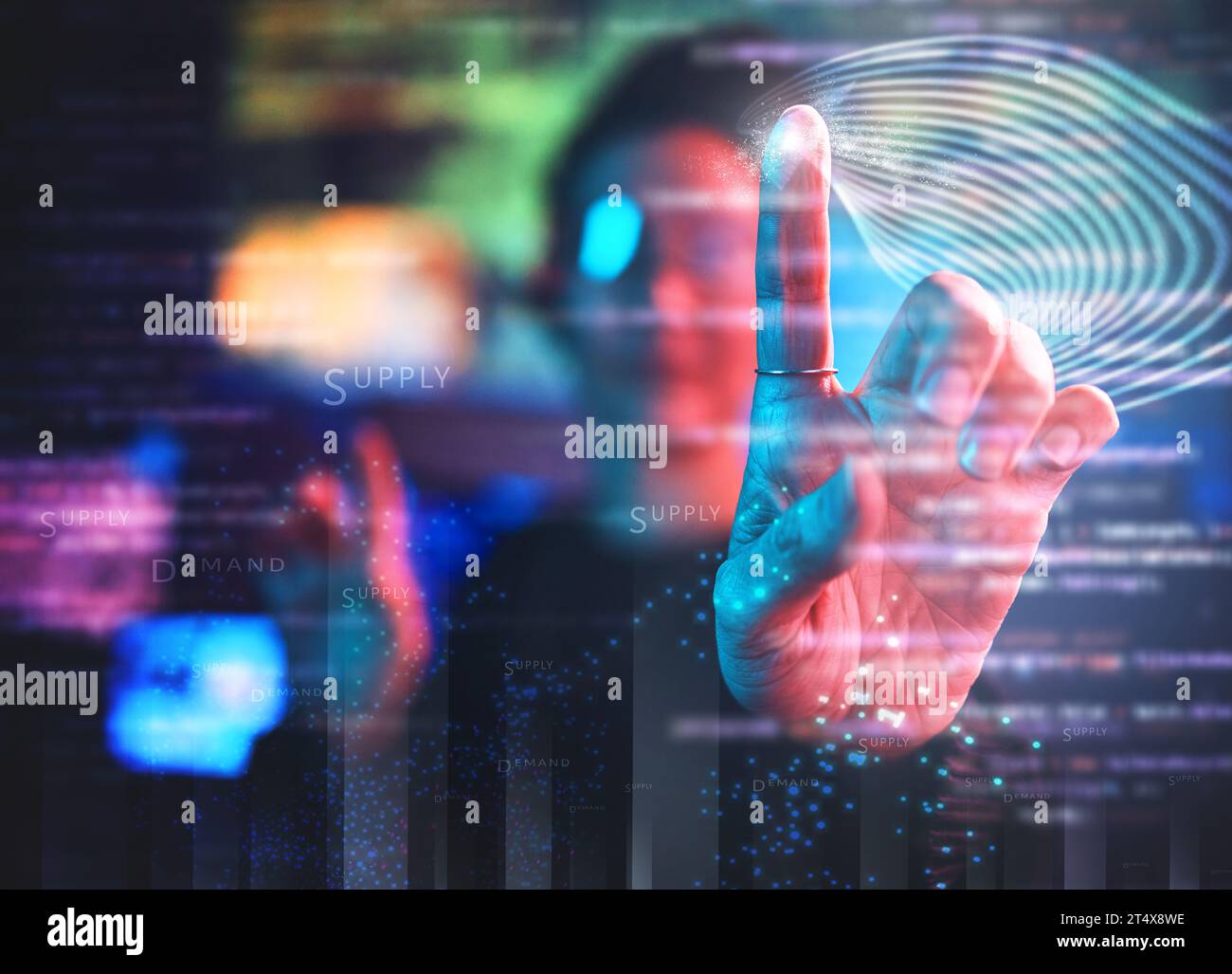 Hand, hacker and cybersecurity, hologram button and choice of malware ...