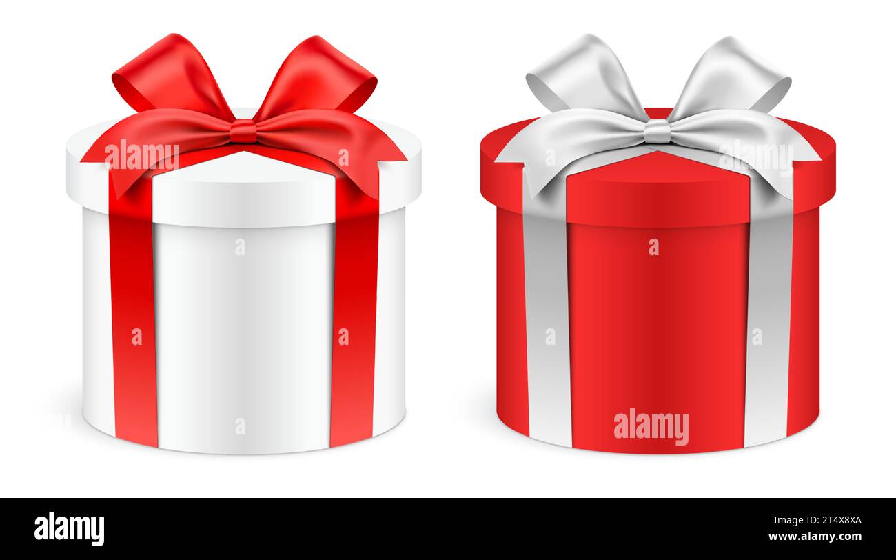Round shape white and red gift boxes wrapped with ribbons, isolated on ...