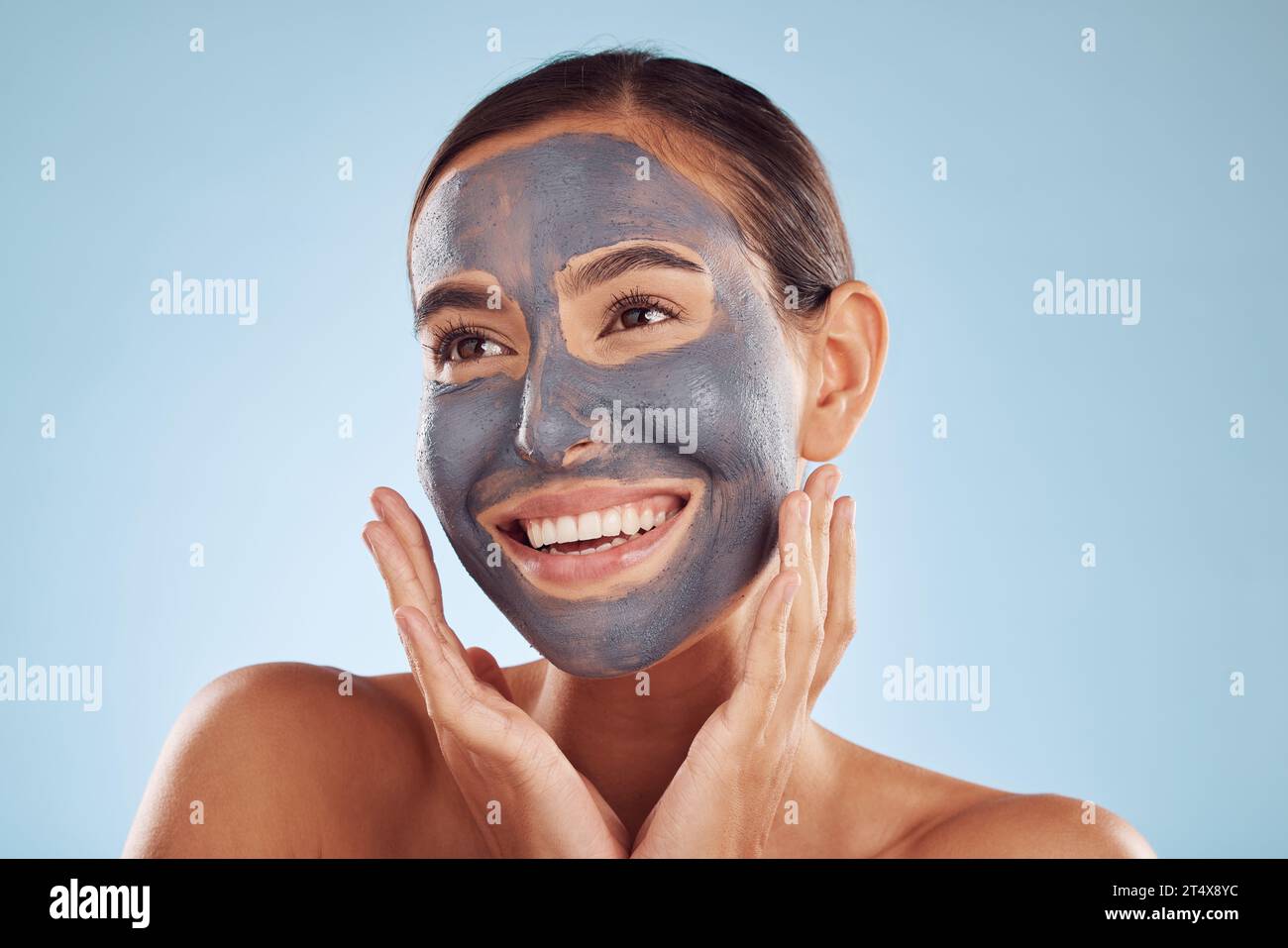 Woman thinking, mask and facial charcoal for skincare, natural beauty ...