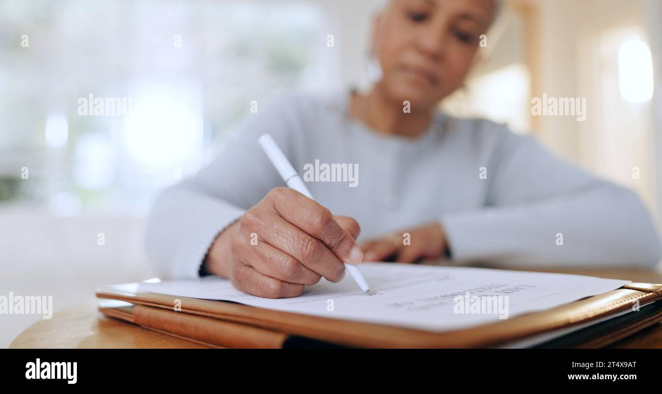 Senior woman, sign and writing with documents, paperwork and ...