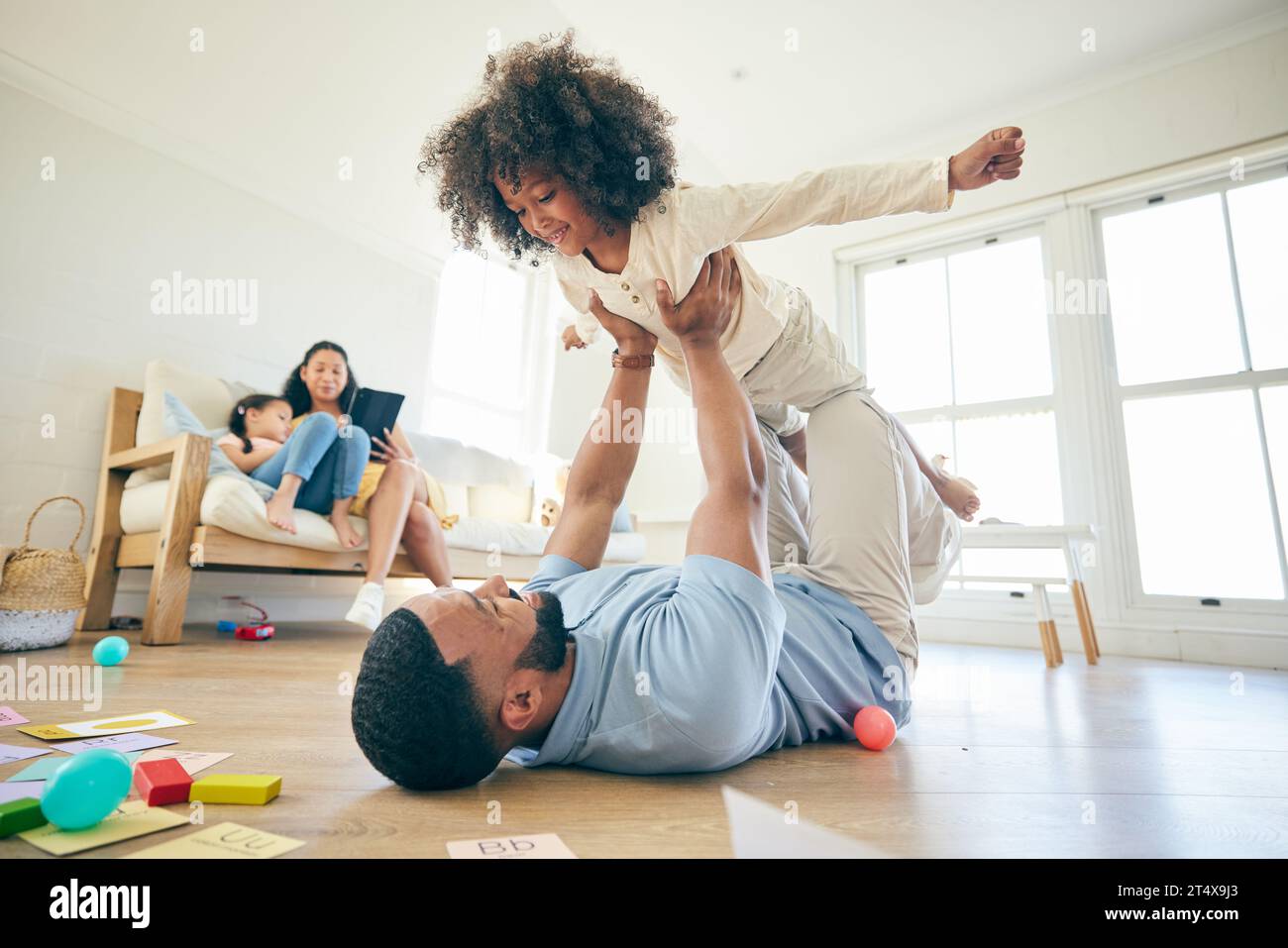 Home, airplane and happy family, father and child playing, enjoy ...