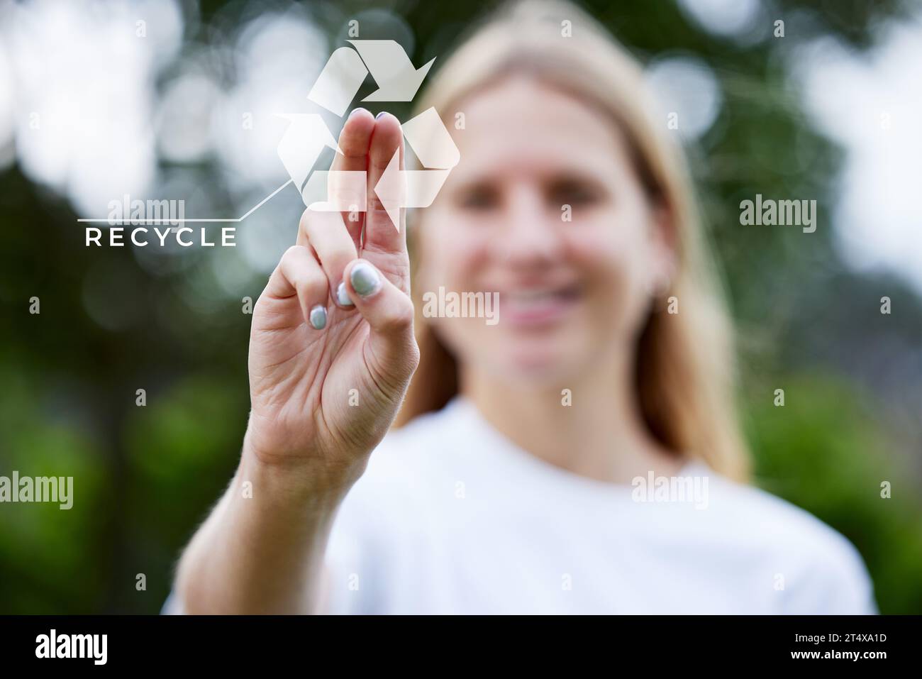Recycle, touch screen and woman with eco friendly overlay, green ...