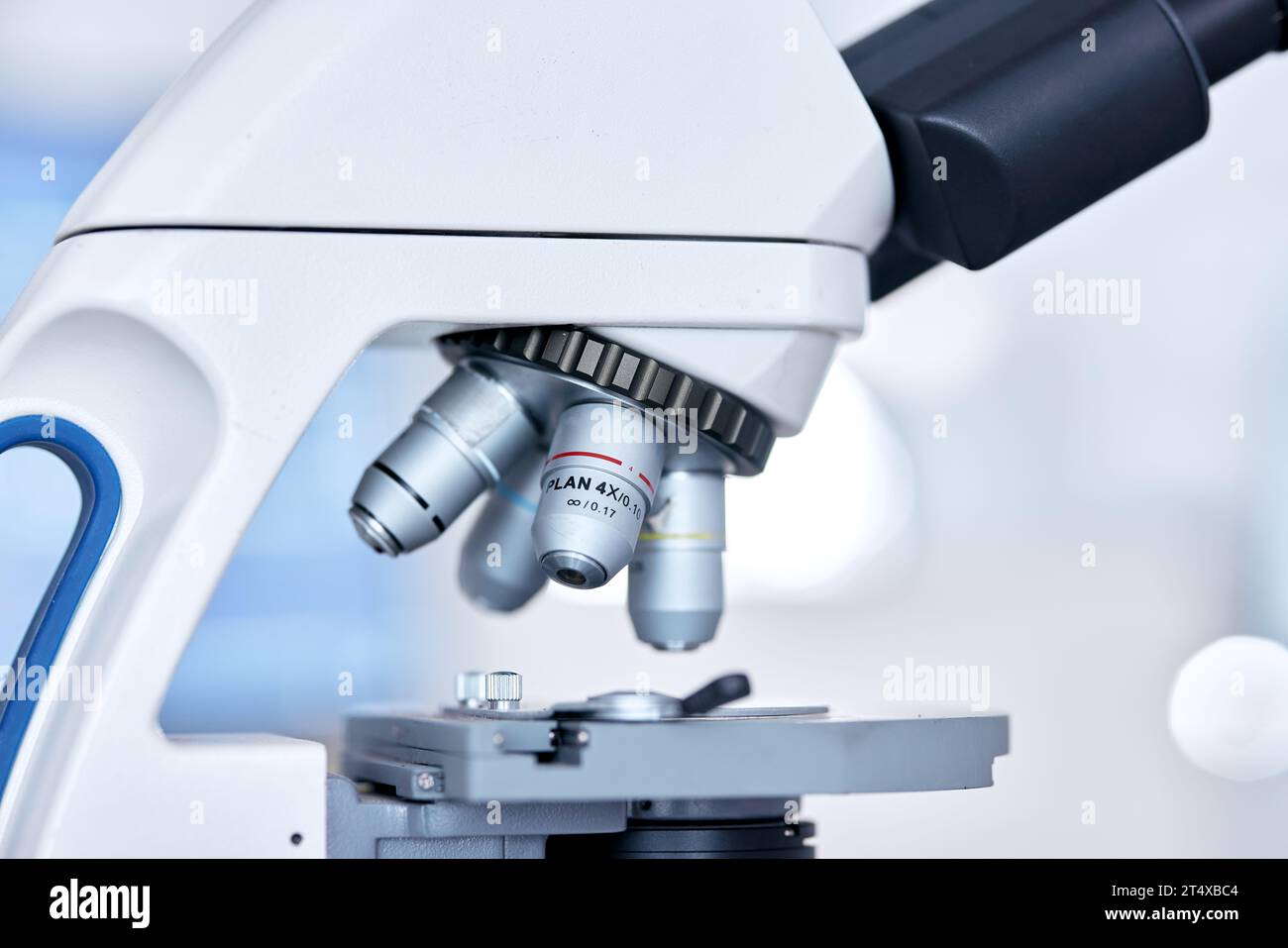 Microscope, science and medical with research, technology and sample ...