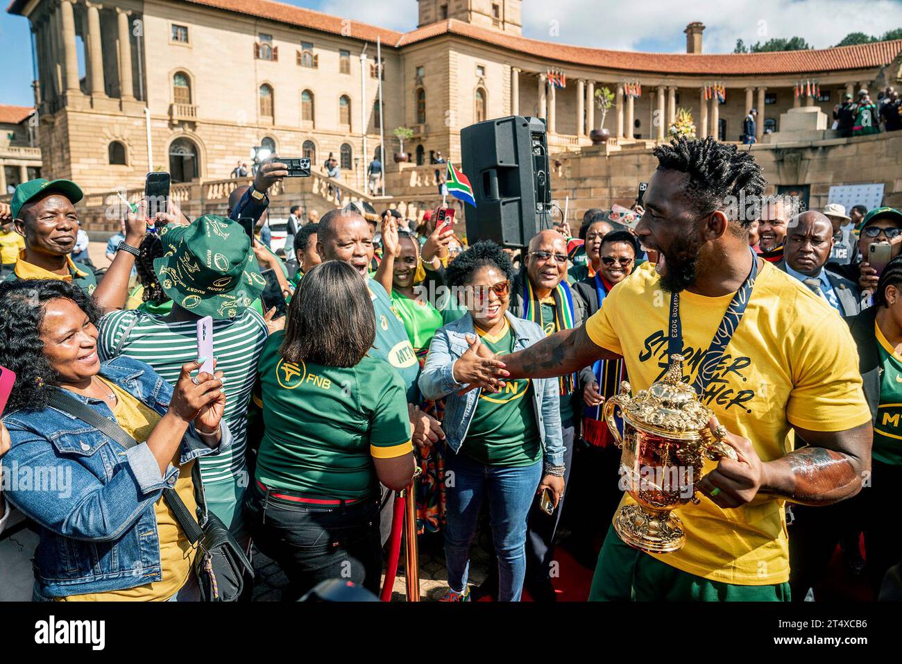 Springbok captain, Siya Kolisi greets fans as the team arrive at the ...