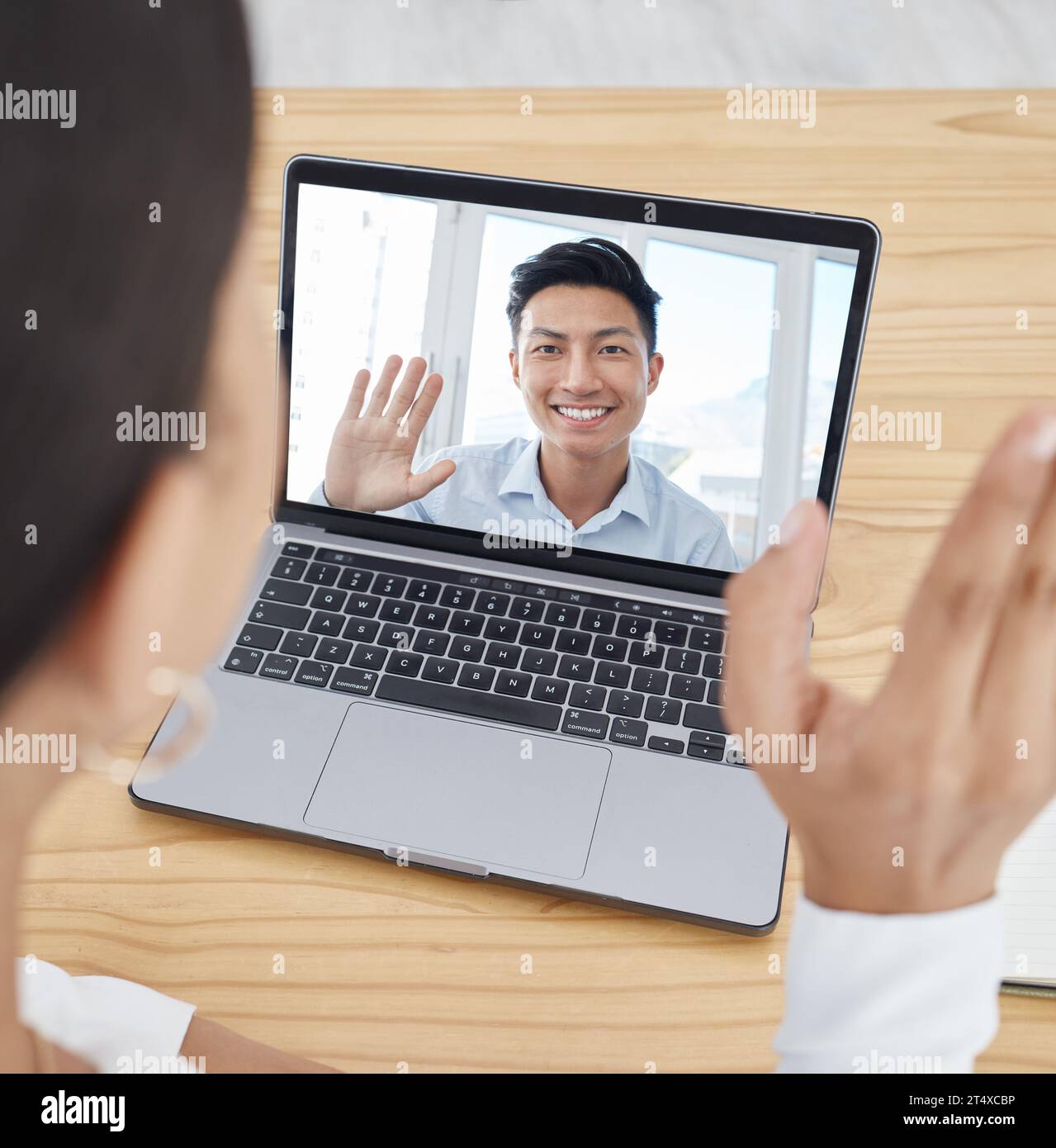 Laptop screen, video call and businessman meeting for global ...