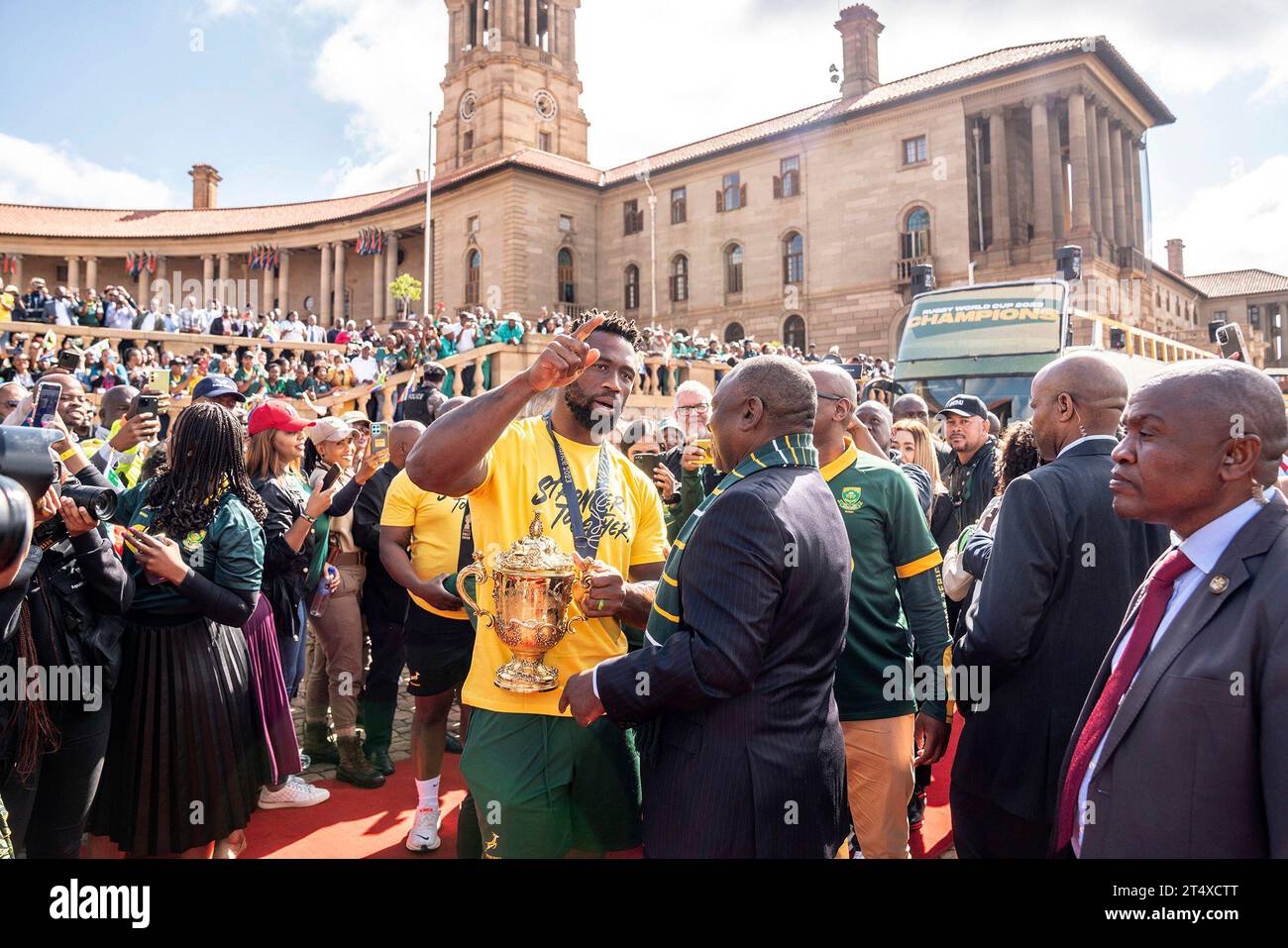 Springbok captain Siya Kolisi, centre left, speaks to South African ...
