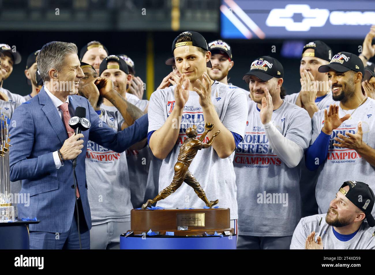 Phoenix, Arizona, on Nov. 1, 2023. Texas Rangers shortstop Corey Seager ...