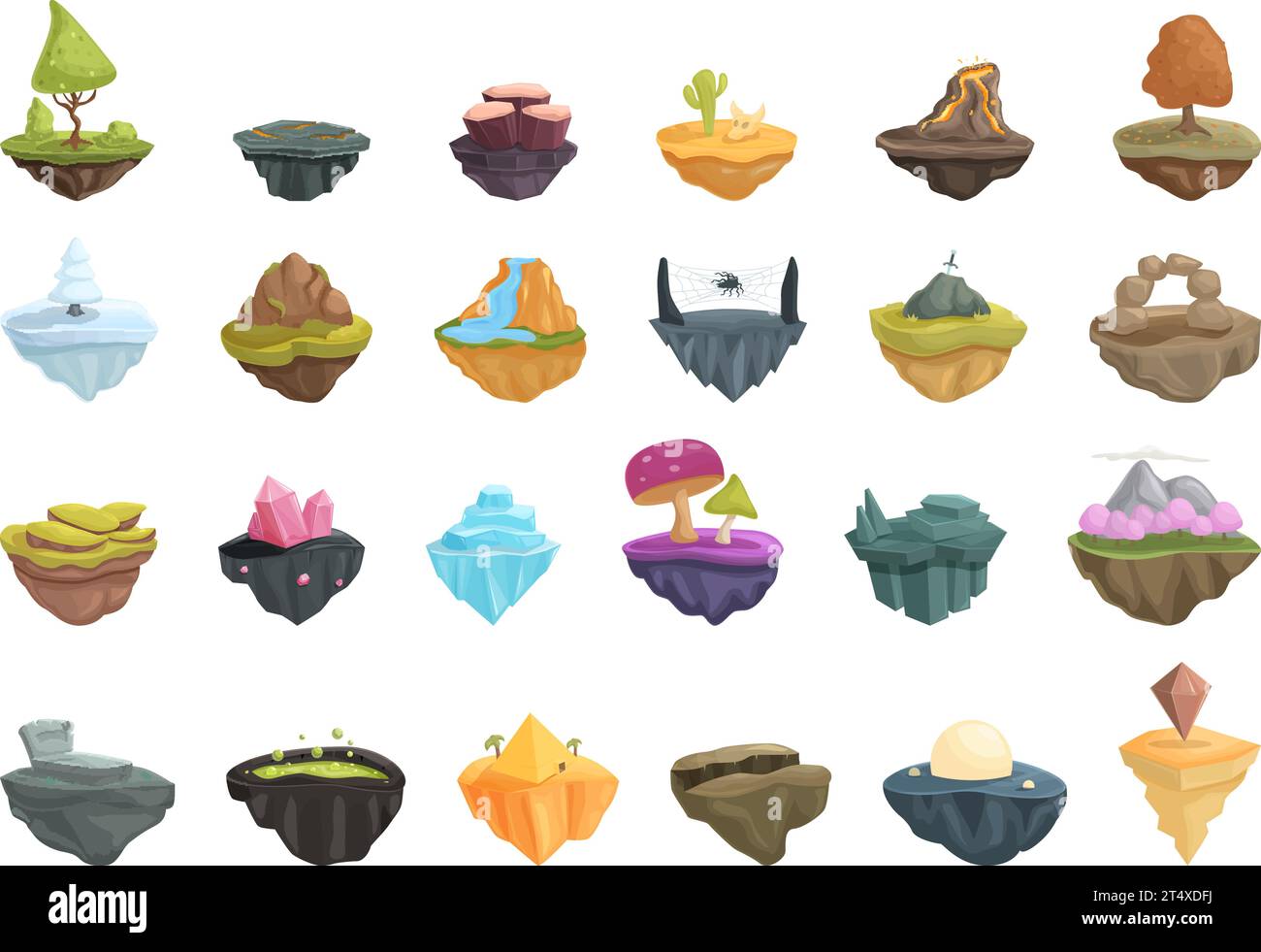 Floating game island icons set cartoon vector. Land fantasy platform ...
