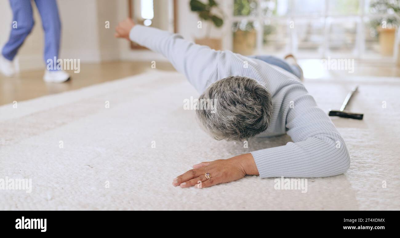 Fall, accident and senior patient help with nurse in a hospital with ...