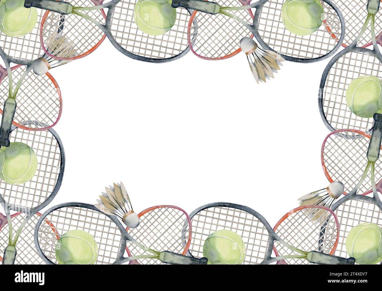 Hand drawn watercolor sports gear equipment, tennis badminton ball ...