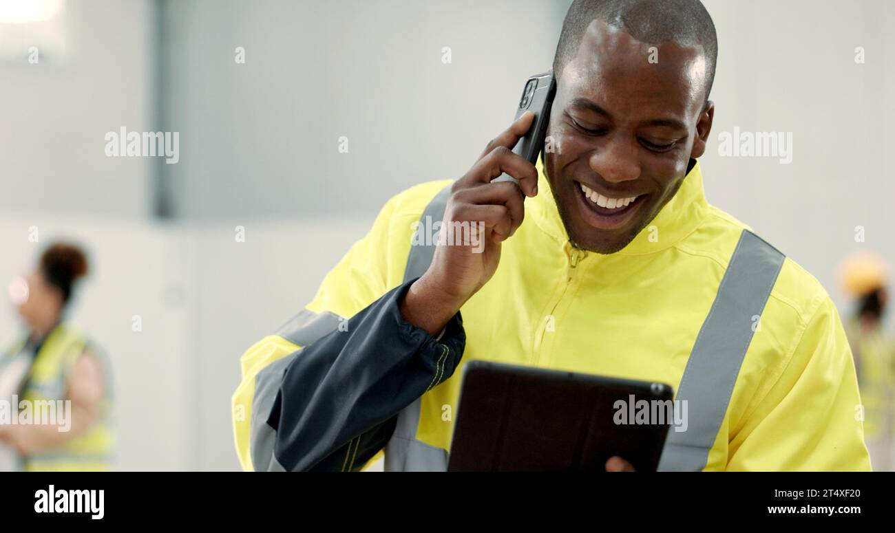 Happy black man, engineer and phone call with tablet laughing for funny ...