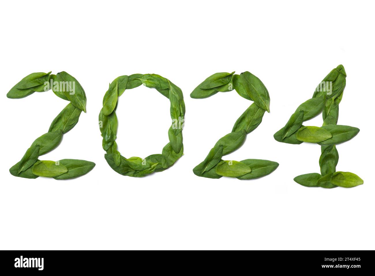 Calendar header number 2024 made from spinach leaves on a white ...