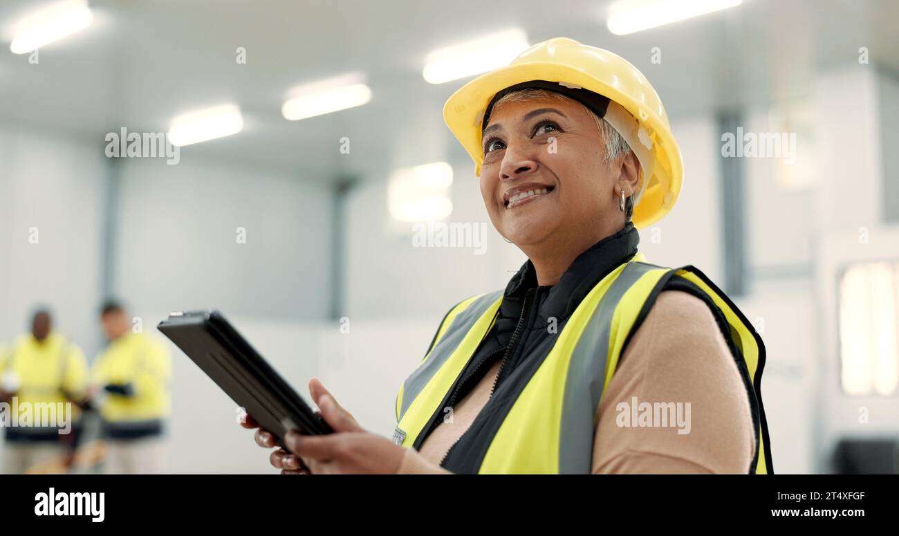 Happy engineering, woman thinking and tablet for construction, planning ...