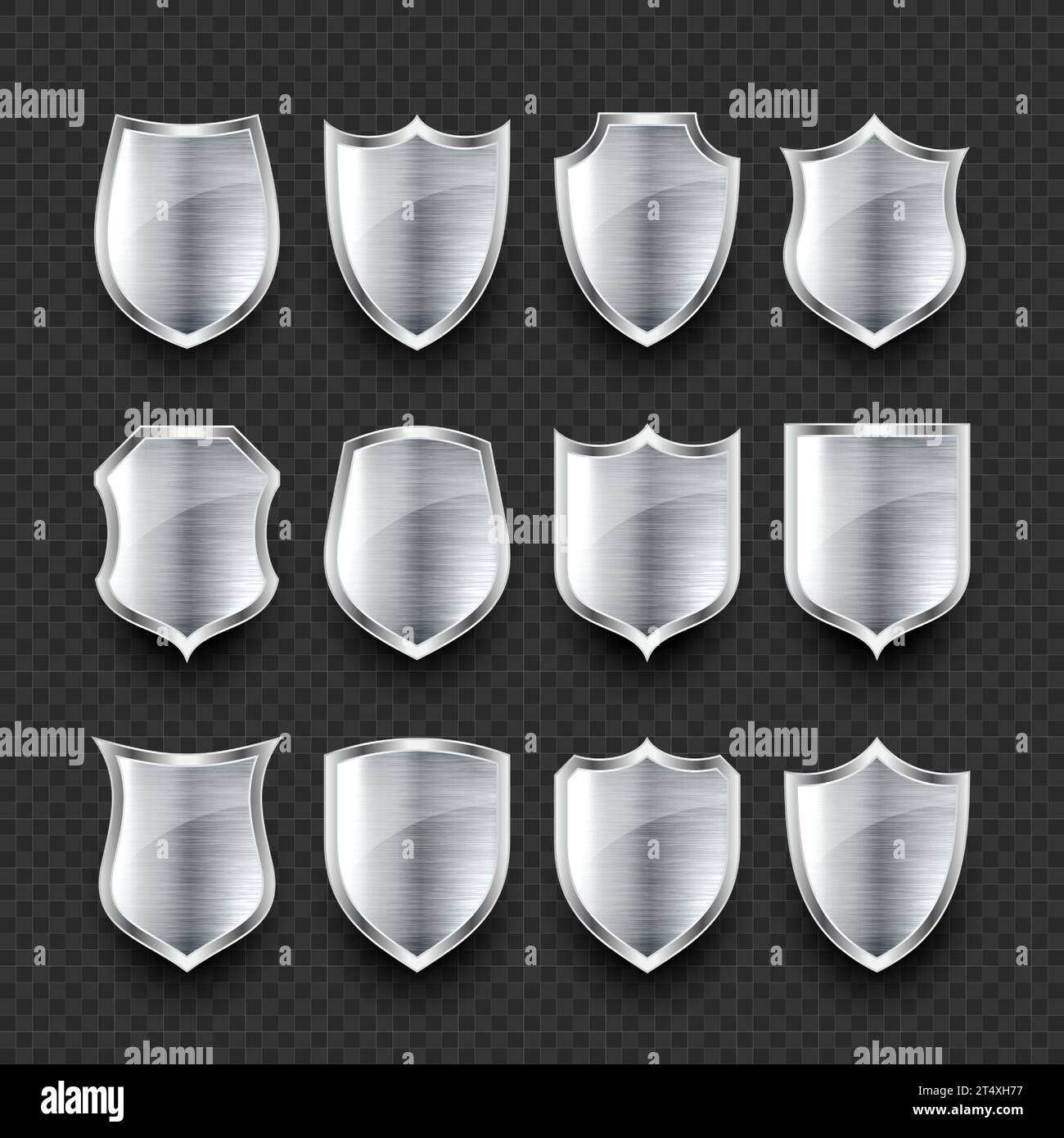 Set of various vintage 3d metal shield icons. Shiny steel heraldic ...
