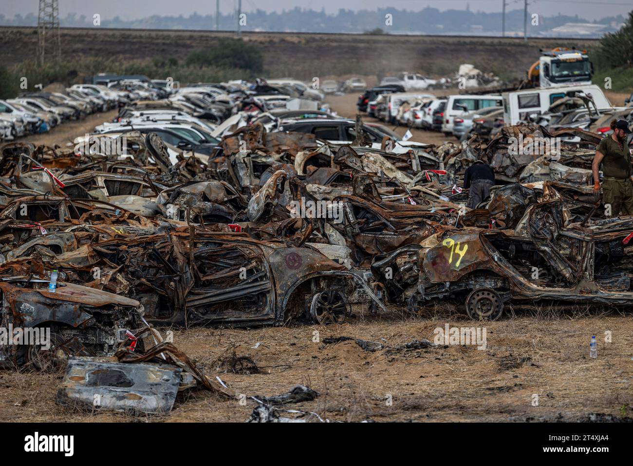 Netivot, Israel. 02nd Nov, 2023. A general view of some of the vehicles ...