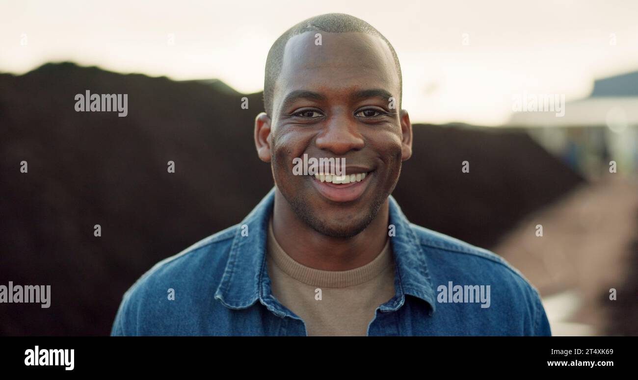 Happy, portrait and black man outdoor on farm, land and eco friendly ...