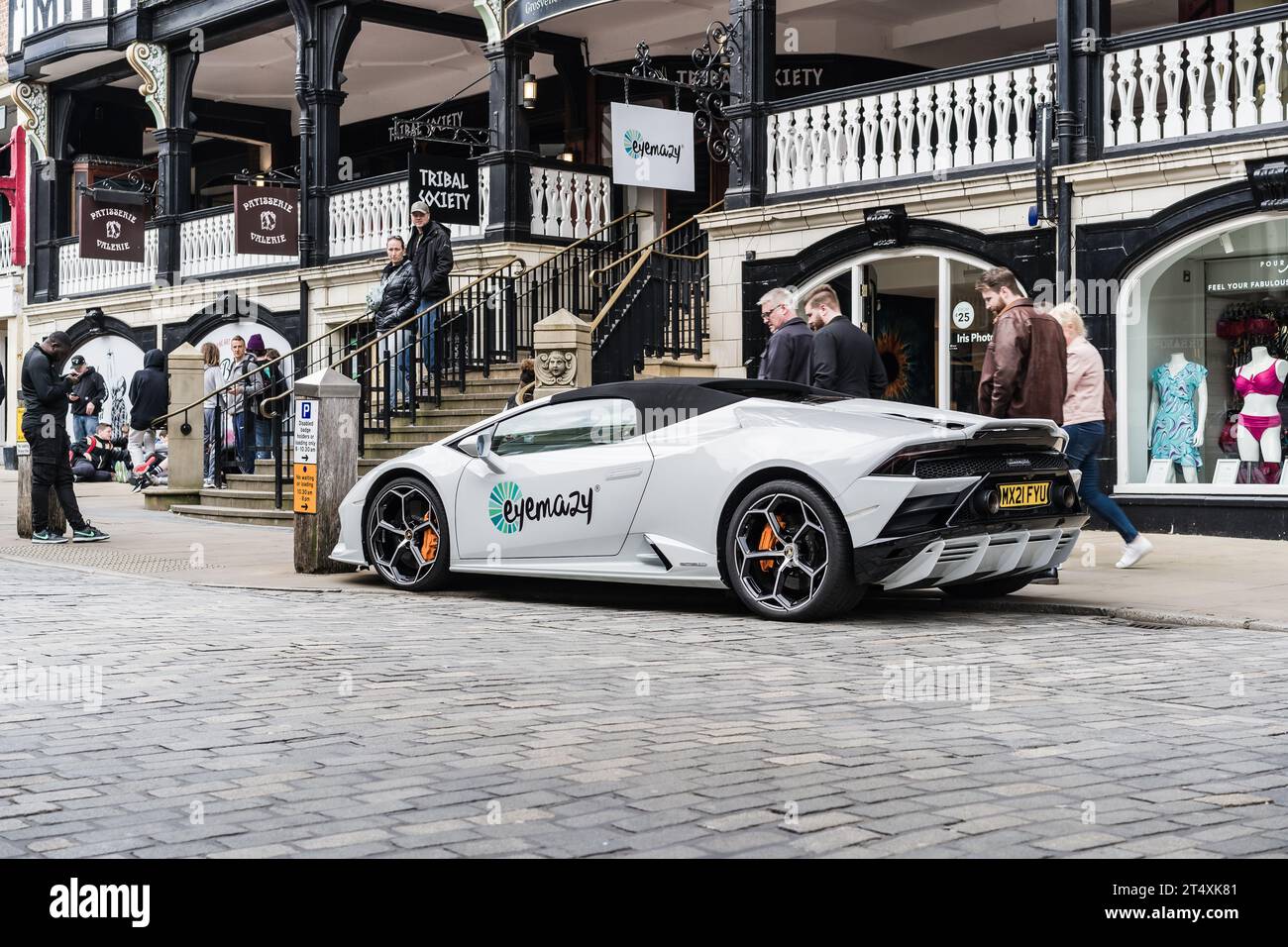 Chester, Cheshire, England, April 22nd 2023. White Lamborghini Huracan ...