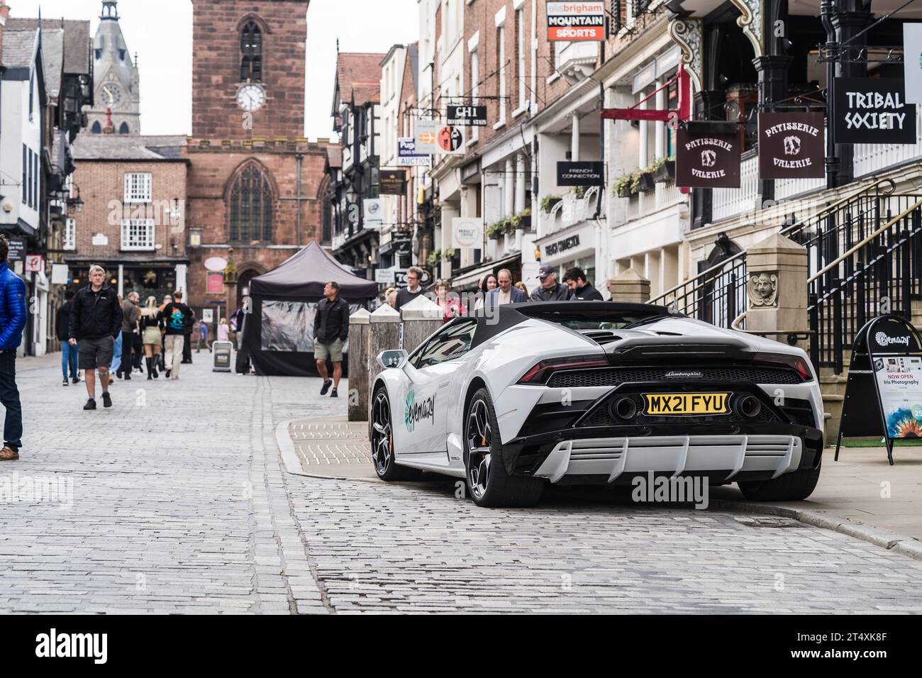 Chester, Cheshire, England, April 22nd 2023. White Lamborghini Huracan ...