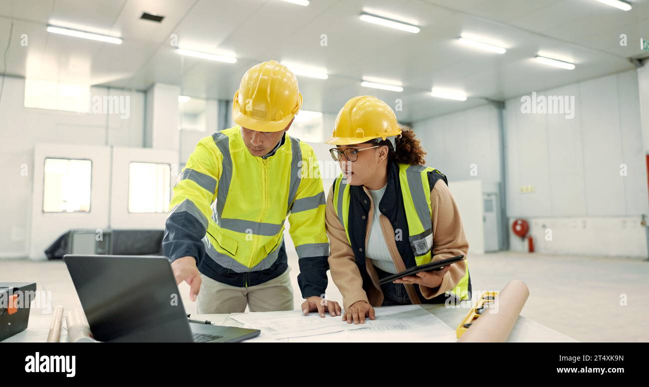 Architecture people, teamwork and laptop for construction site planning ...