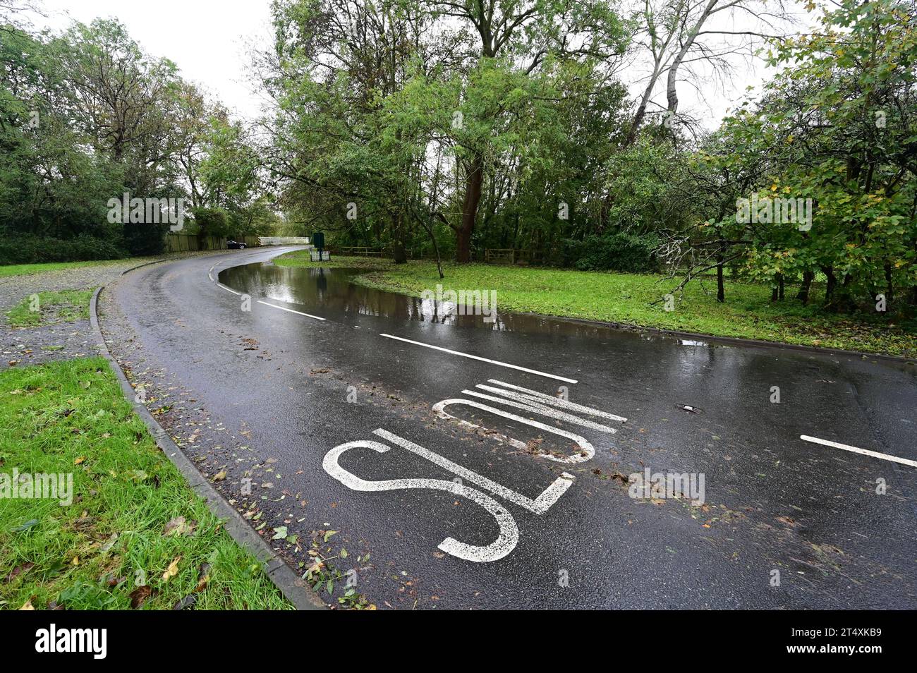 Deep puddle in Lee Street in Horley Surrey after Storm Ciaran on 2nd ...