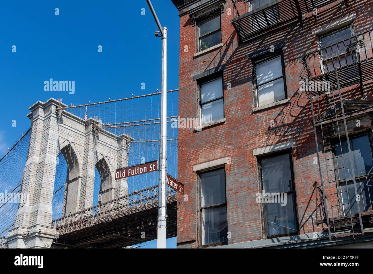 Low angle view of one of the suspension towers of the Brooklyn Bridge ...