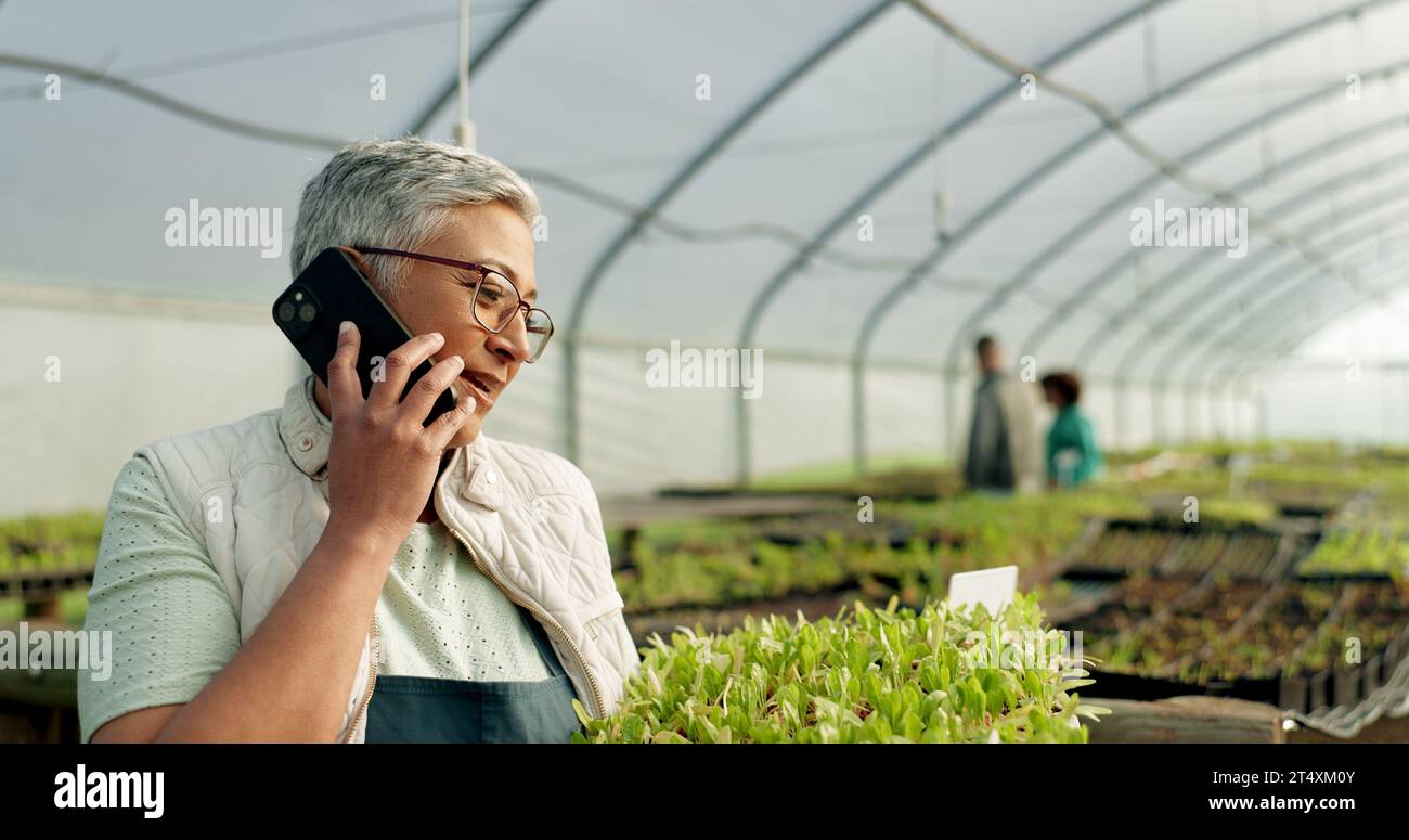 Farmer, phone call and greenhouse plants, agriculture or farming ...