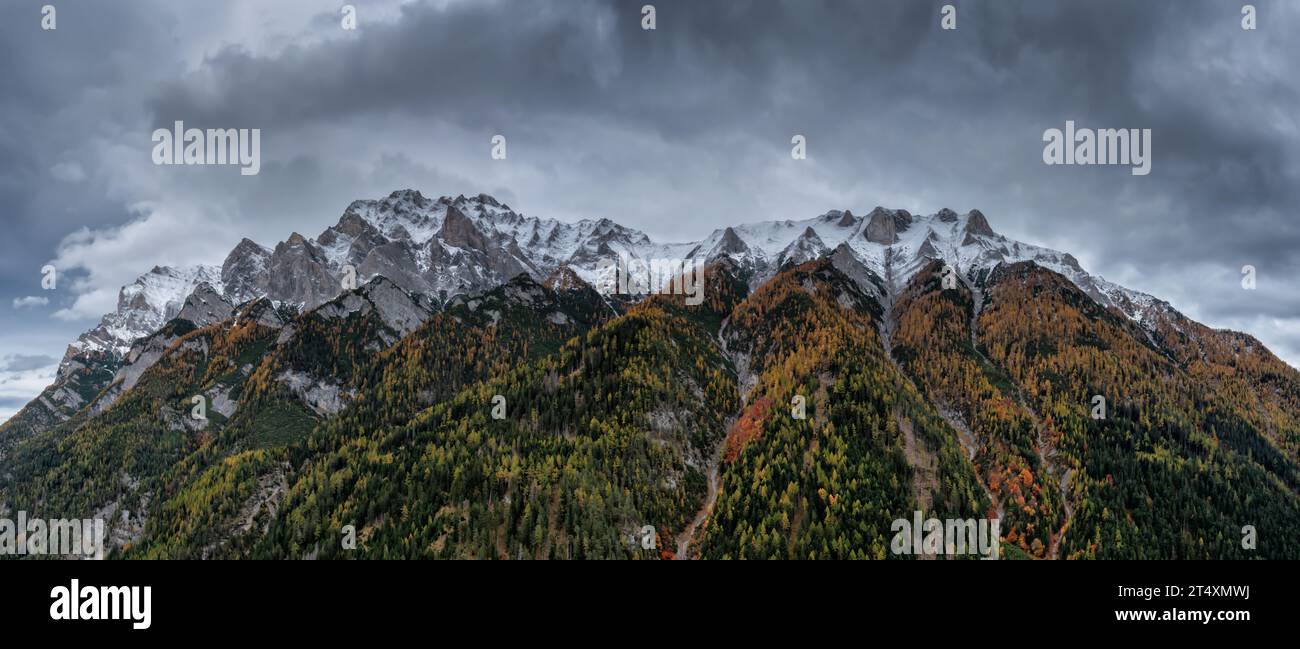 drone panorama view of the Calanda mountain massif in the Swiss Alps ...