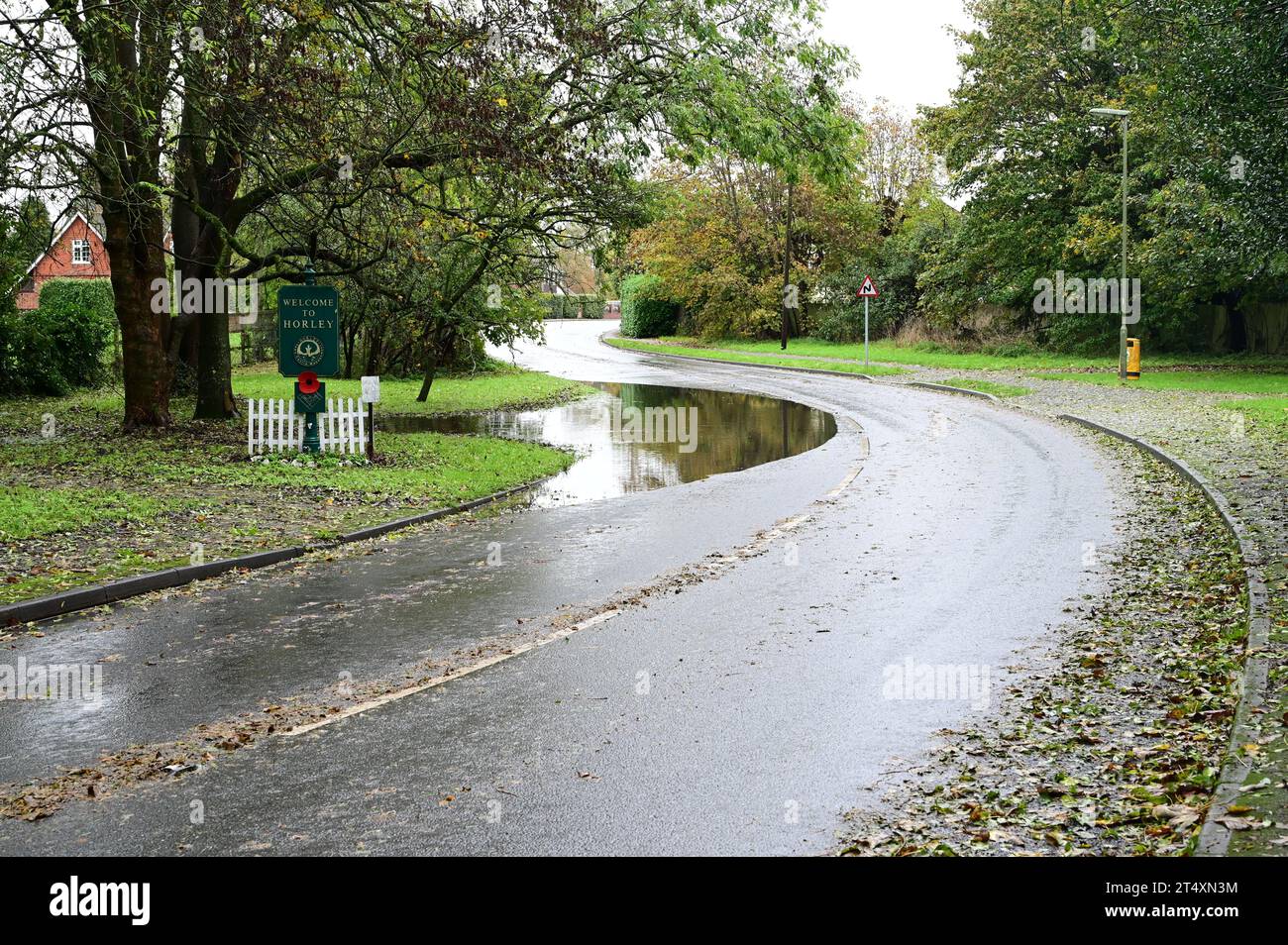 Deep puddle in Lee Street in Horley Surrey after Storm Ciaran on 2nd ...