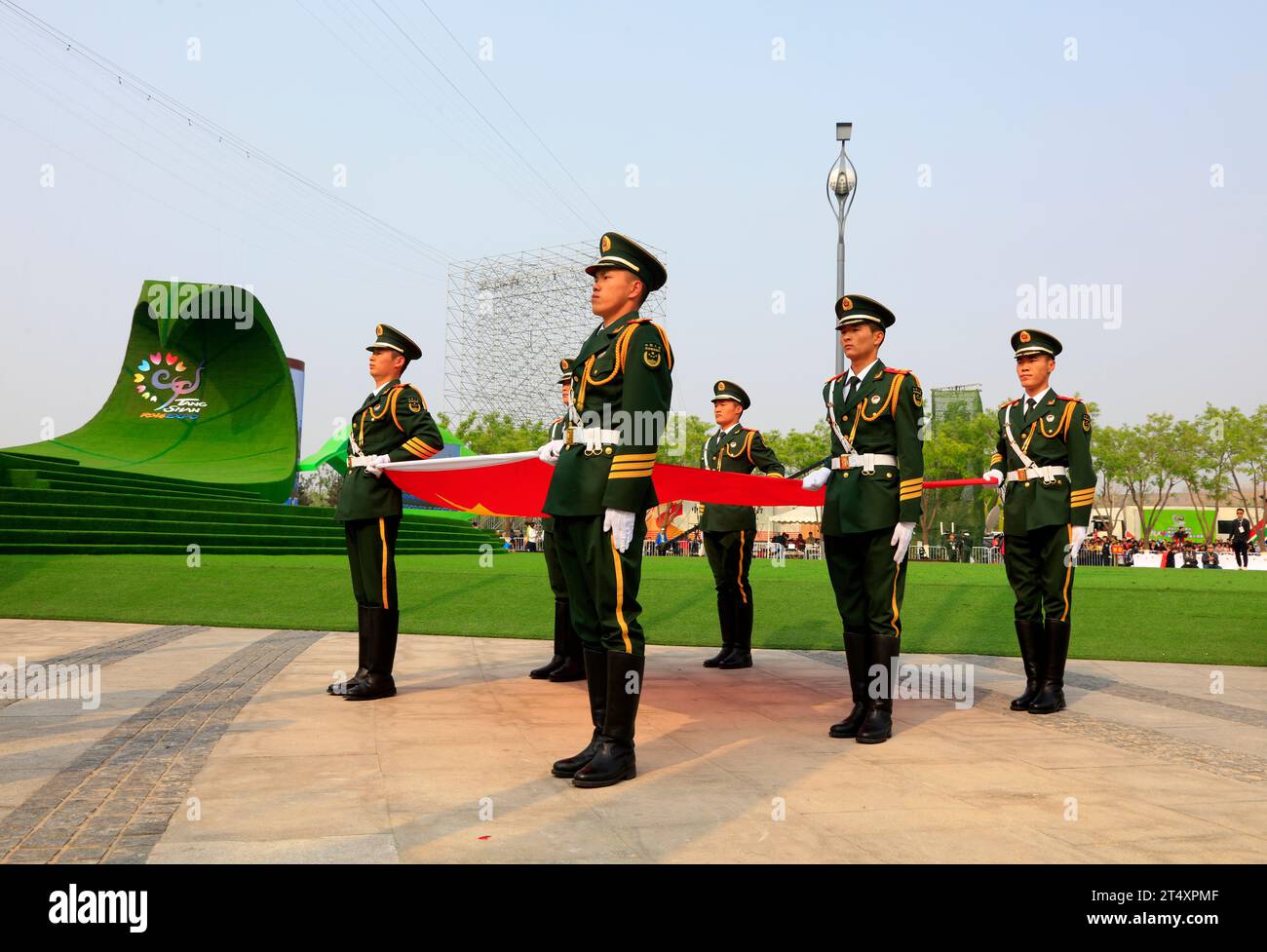 Tangshan City - April 29, 2016: armed police soldiers prepare to flag ...
