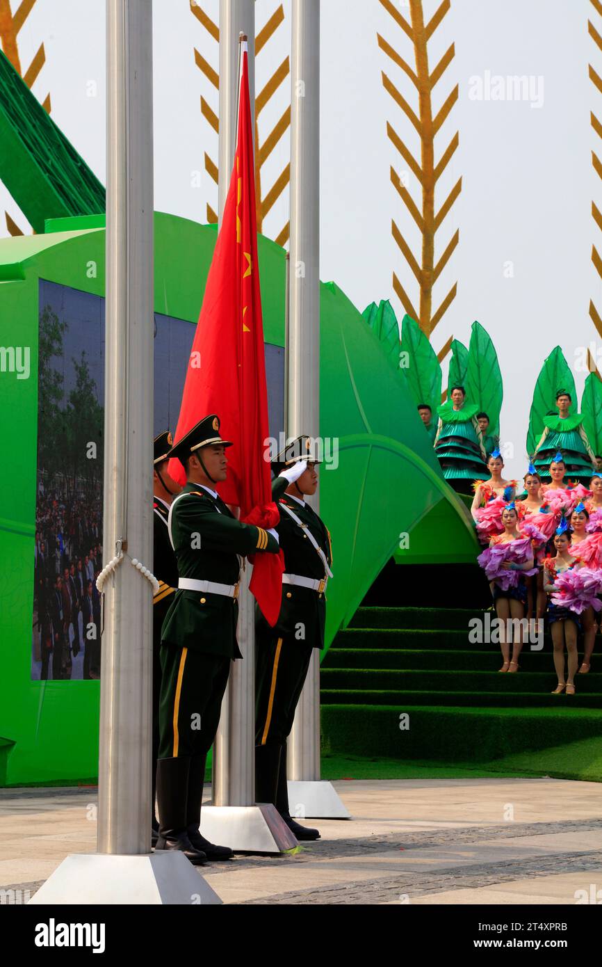 Tangshan City - April 29, 2016: armed police soldiers prepare to flag ...