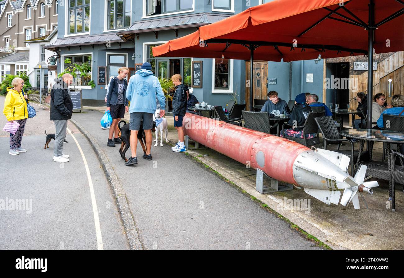 A torpedo is on display at the Ancient Mariner public house in Lynmouth ...