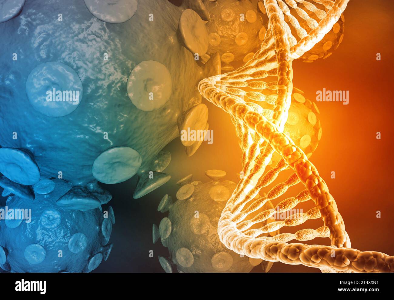 virus cells and dna strands. Medical science background. 3d ...