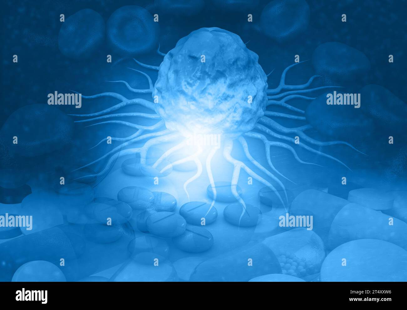 Cancer cells with pills and tablets. medical science background. 3d ...