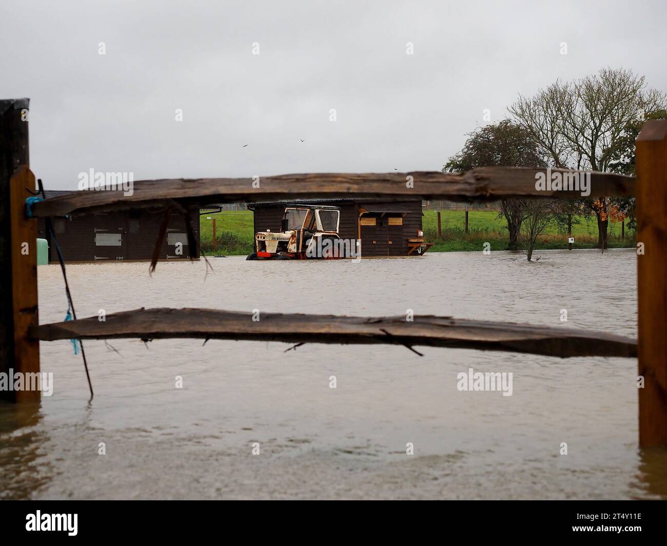 Flooded fields in Barnham, West Sussex, where a rife has burst its ...