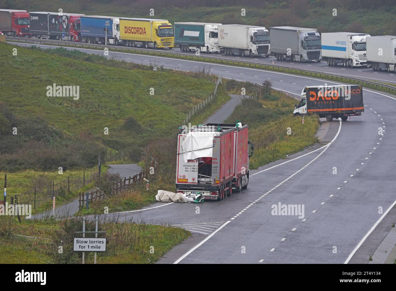 Two lorries on the A20 near Dover, Kent, as Storm Ciaran brings high ...
