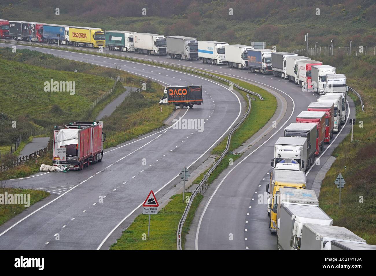 Two lorries on the A20 near Dover, Kent, as Storm Ciaran brings high ...