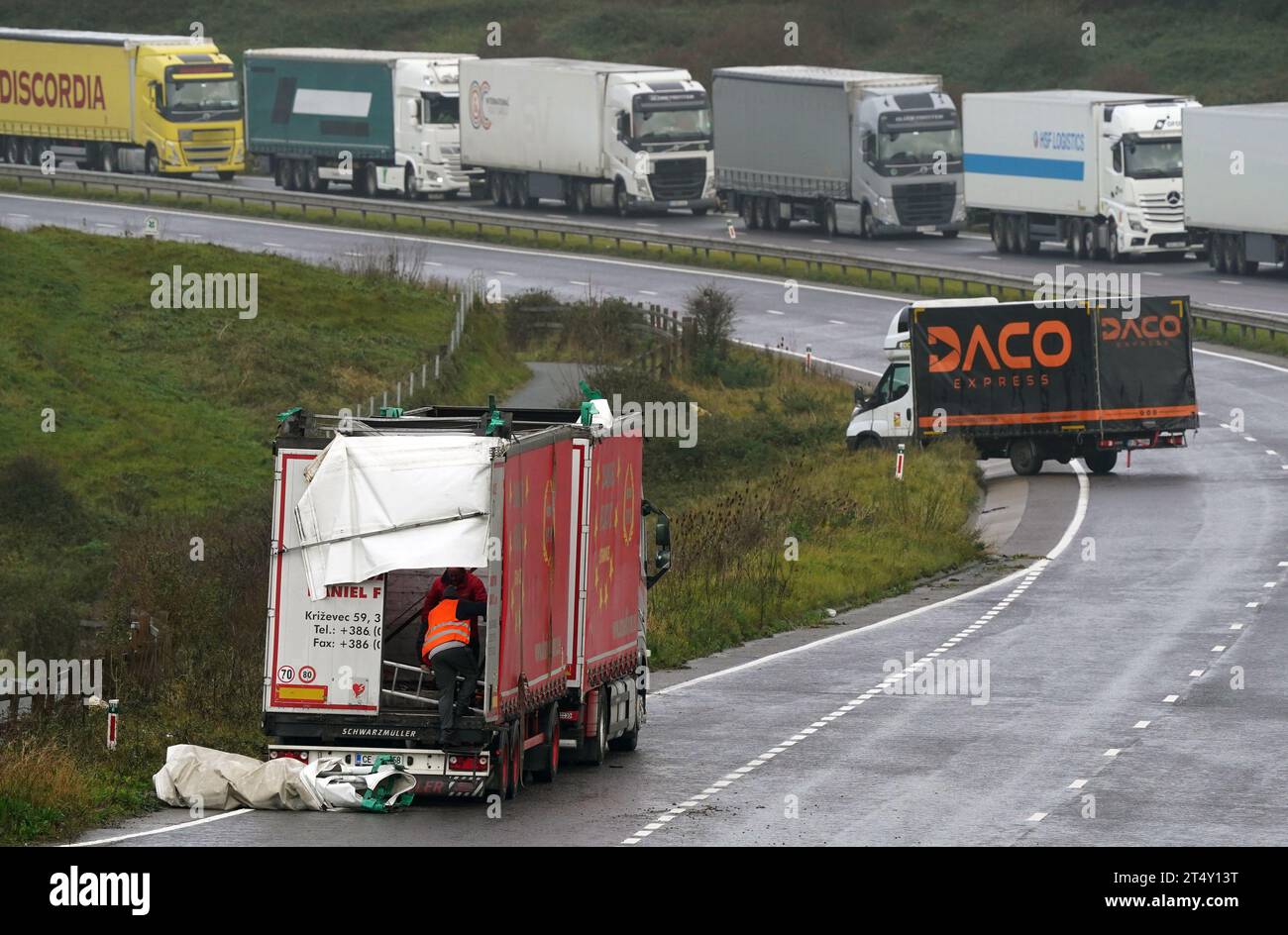 Two lorries on the A20 near Dover, Kent, as Storm Ciaran brings high ...