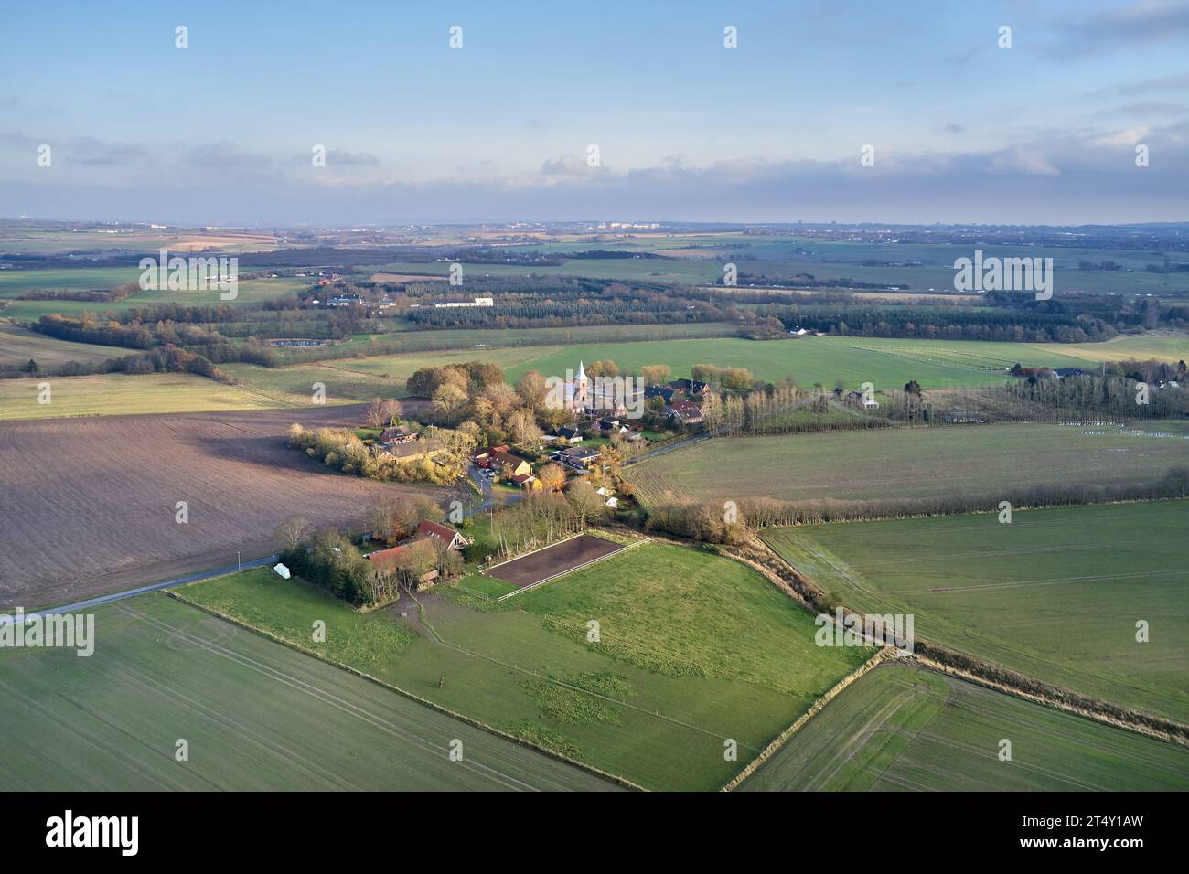 Drone point of view of private farming estate growing rye, wheat and ...