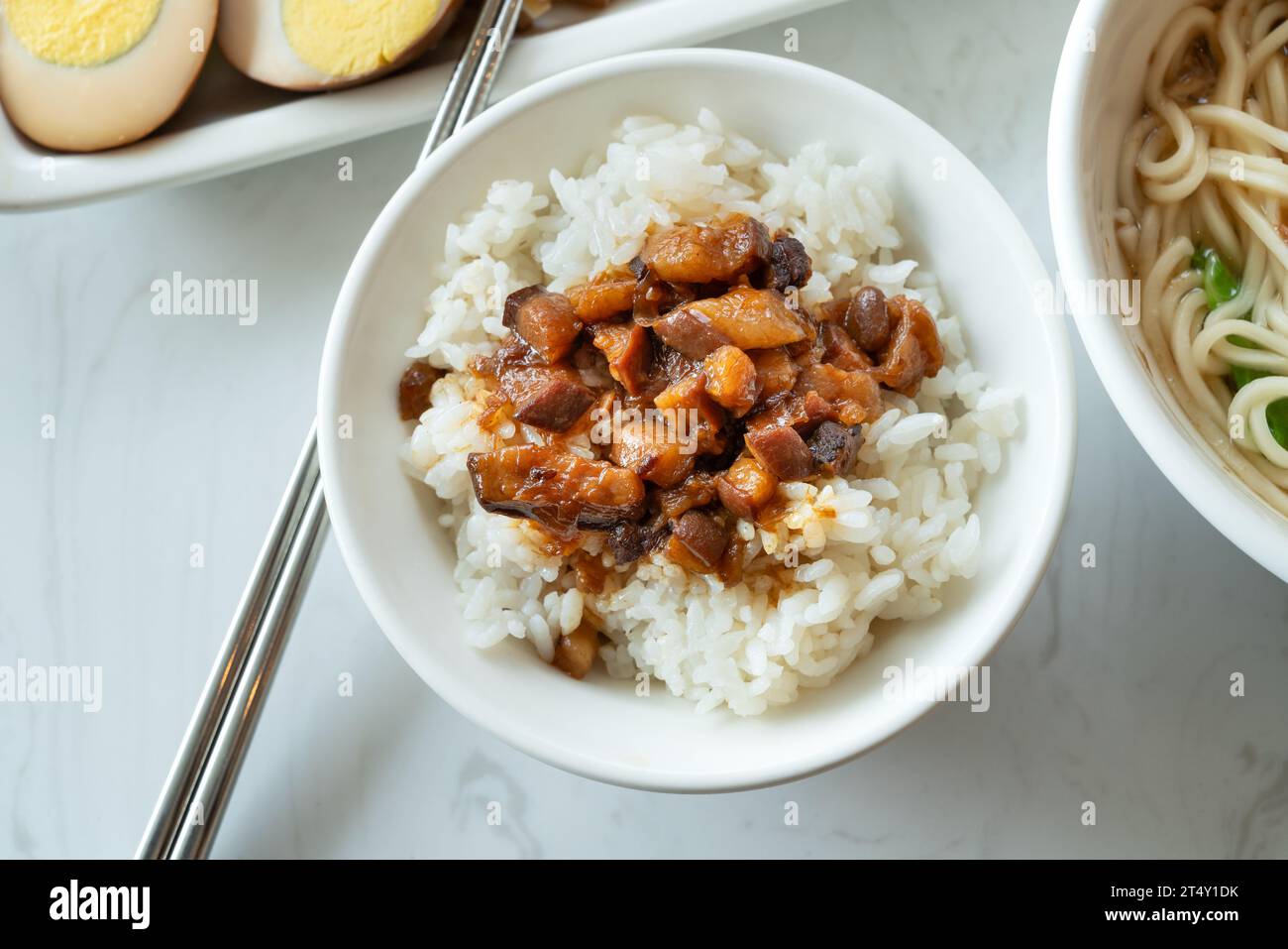 Braised meat rice, stewed pork over cooked rice in Taiwanese restaurant ...