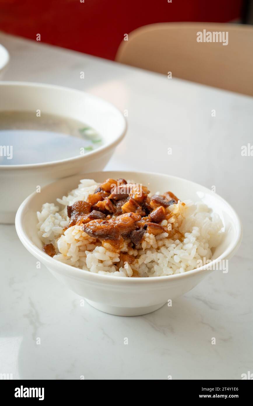 Braised meat rice, stewed pork over cooked rice in Taiwanese restaurant ...