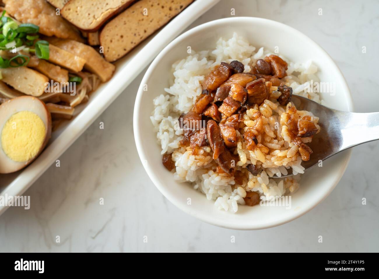 Braised meat rice, stewed pork over cooked rice in Taiwanese restaurant ...