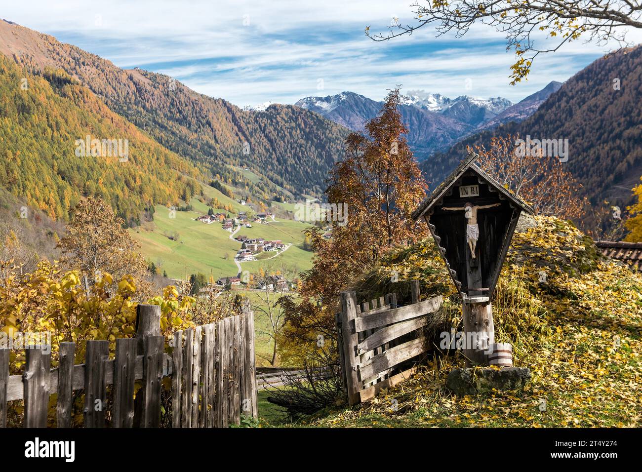 Cross in front of hut fence, Defereggen valley, East Tyrol, Austria ...