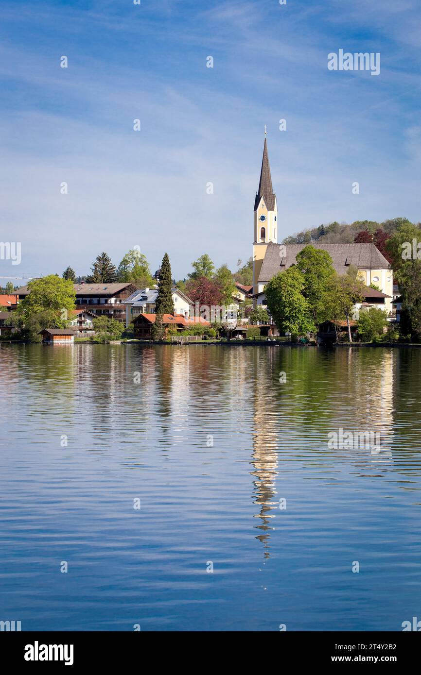 Church of St. Sixtus, view from the lake, Schliersee, district of ...