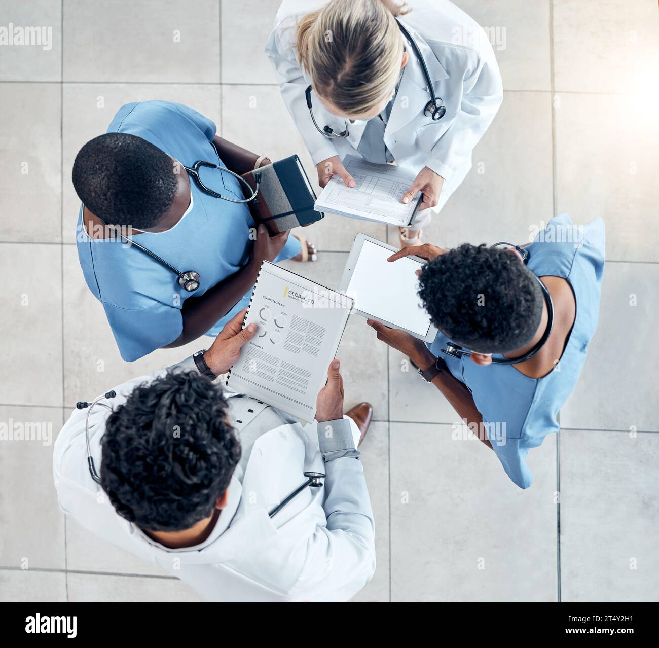 Doctor, documents and tablet in collaboration above for diagnosis and ...