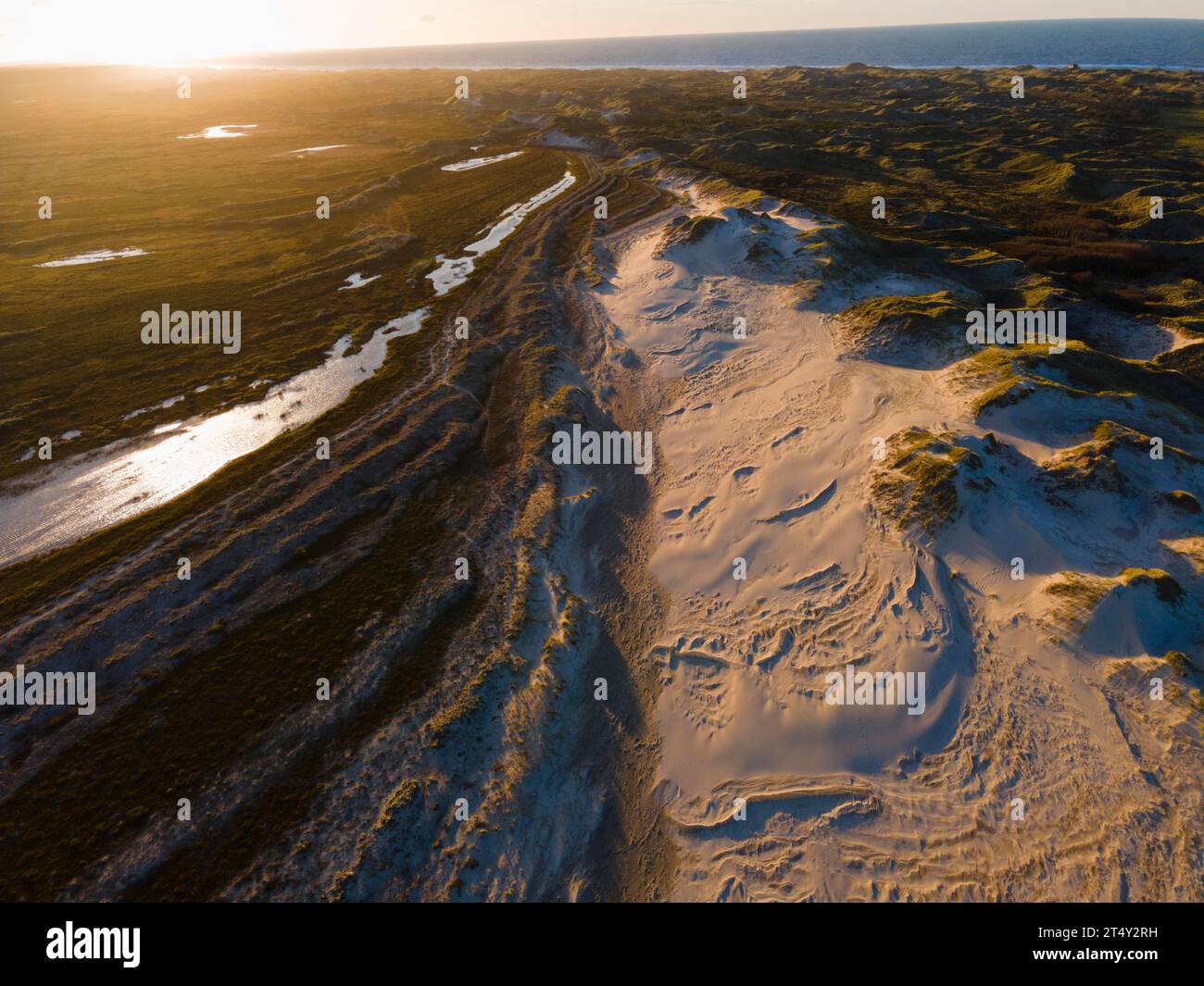 Aerial view, shifting sand dune in the sunset, Rabjerg Mile, Rabjerg ...